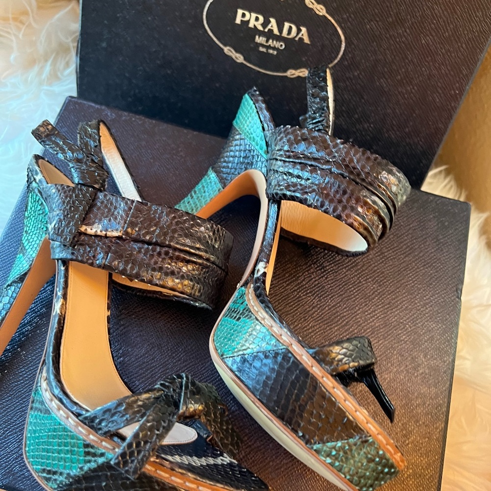 Prada Black Snake Leather Twist Knot Block Sandals He… - Gem